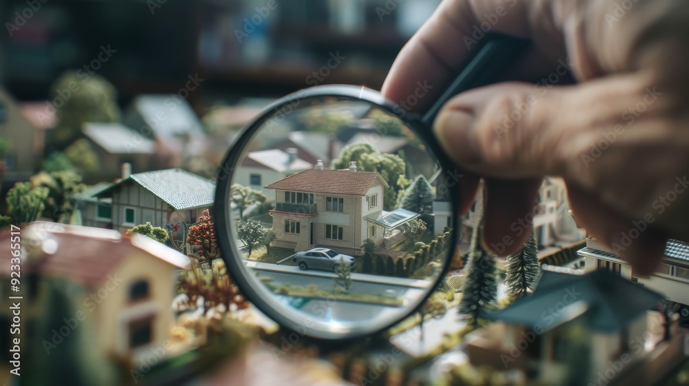 A hand using a magnifying glass to inspect a detailed miniature model of a suburban neighborhood ...