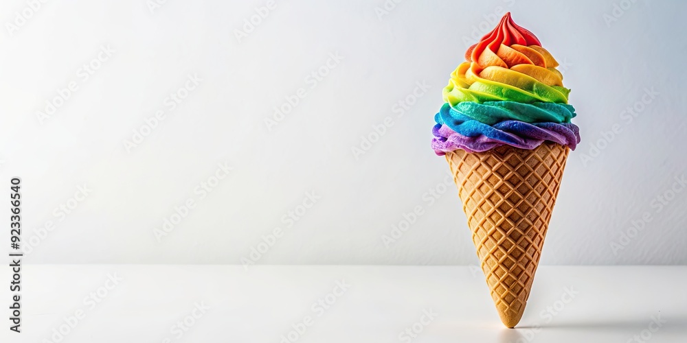 Rainbow colored ice cream cone against a white background, dessert ...