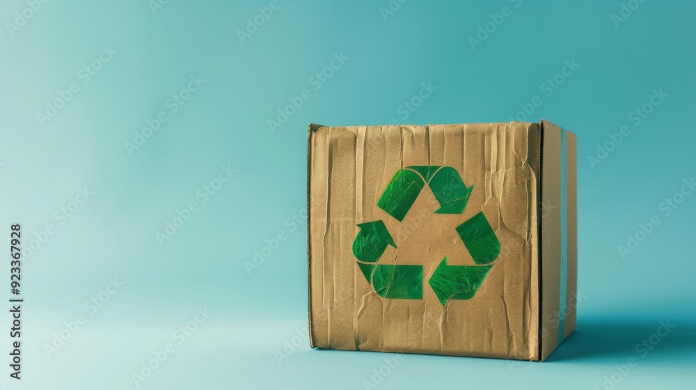 A worn cardboard box with a prominent green recycling symbol on a blue ...
