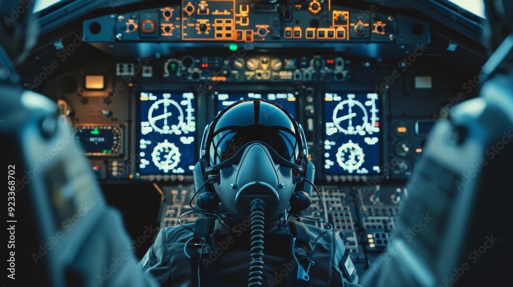 A pilot's view from inside a high-tech cockpit, filled with illuminated ...