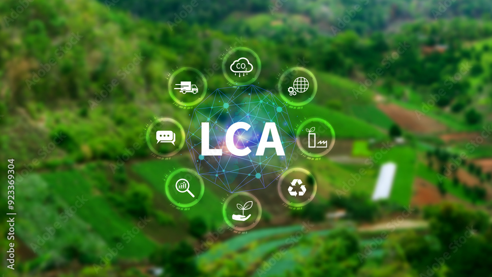 Poster LCA, Life cycle assessment concept, ISO LCA standard aims to limit climate change ...