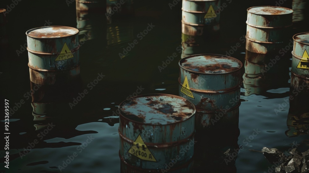Rusty barrels labeled with hazardous material signs float ominously in ...