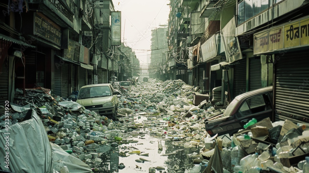 An urban street filled with mounds of plastic waste and debris, flanked ...