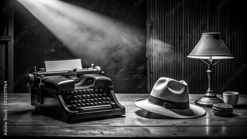 Dramatic Black and White Film Noir Writing Scene with Low-Key Lighting ...