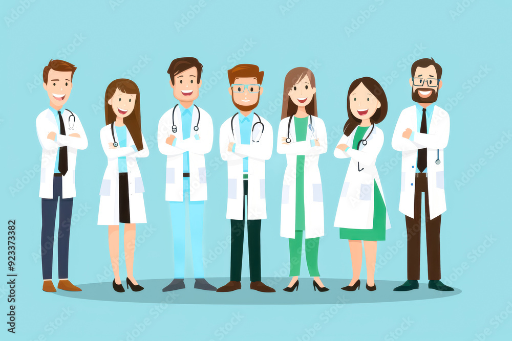 An animated group of seven diverse doctors, dressed in white coats ...