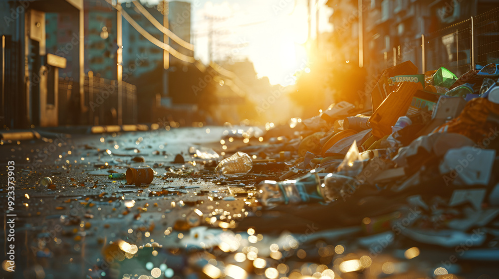 Sunset casting golden light on an empty urban street with long shadows ...