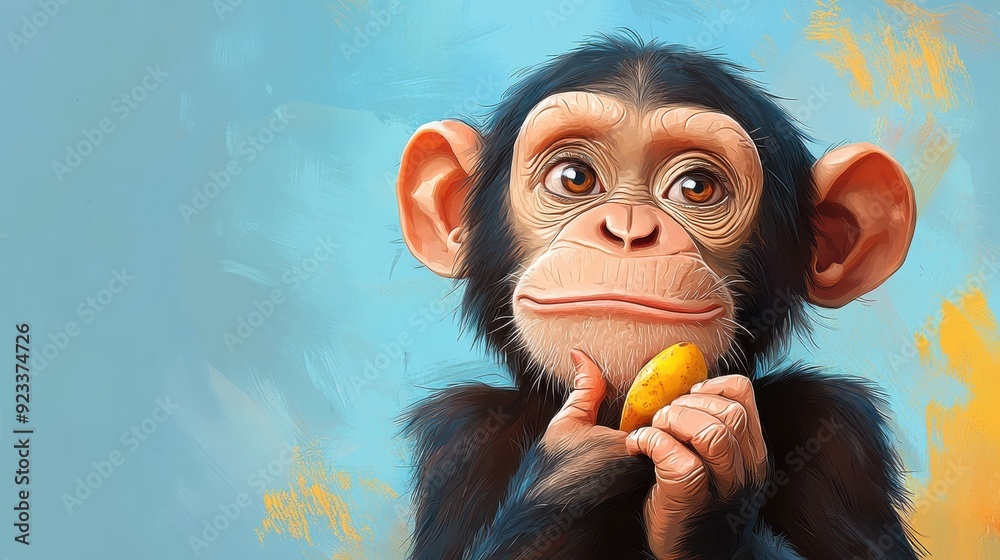 A digitally illustrated cute cartoon chimpanzee is holding an orange on ...