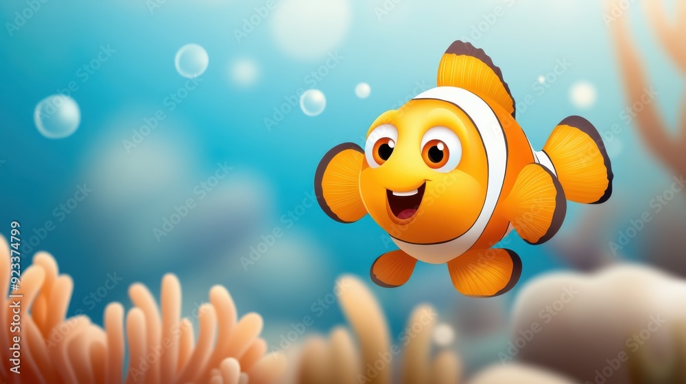 A vibrant cartoon clownfish with large, expressive eyes and a cheerful ...