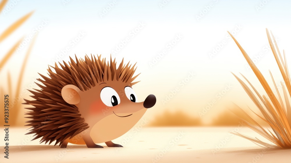 An endearing animated hedgehog with a wide smile walks through a grassy ...