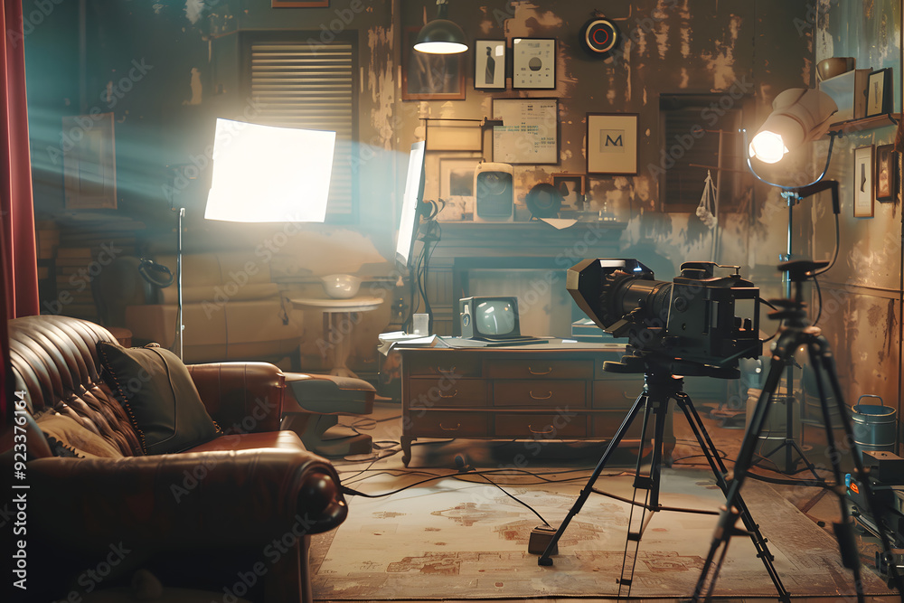Vintage film studio with professional lighting and camera equipment in ...