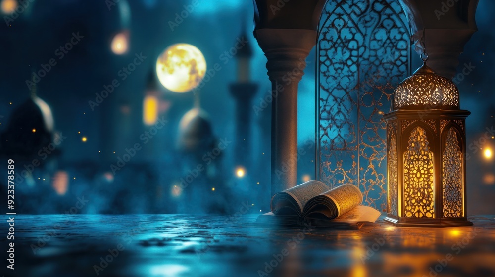 Moonlight shines through the windows of the mosque and illuminates the ...