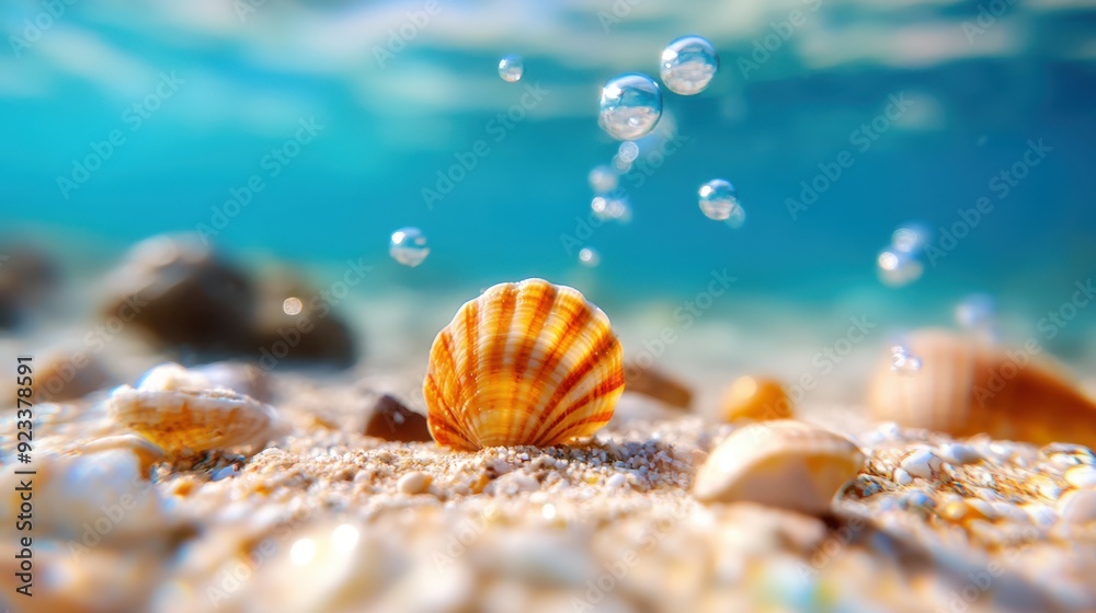Detailed underwater photograph of a shell resting on the sandy seabed ...