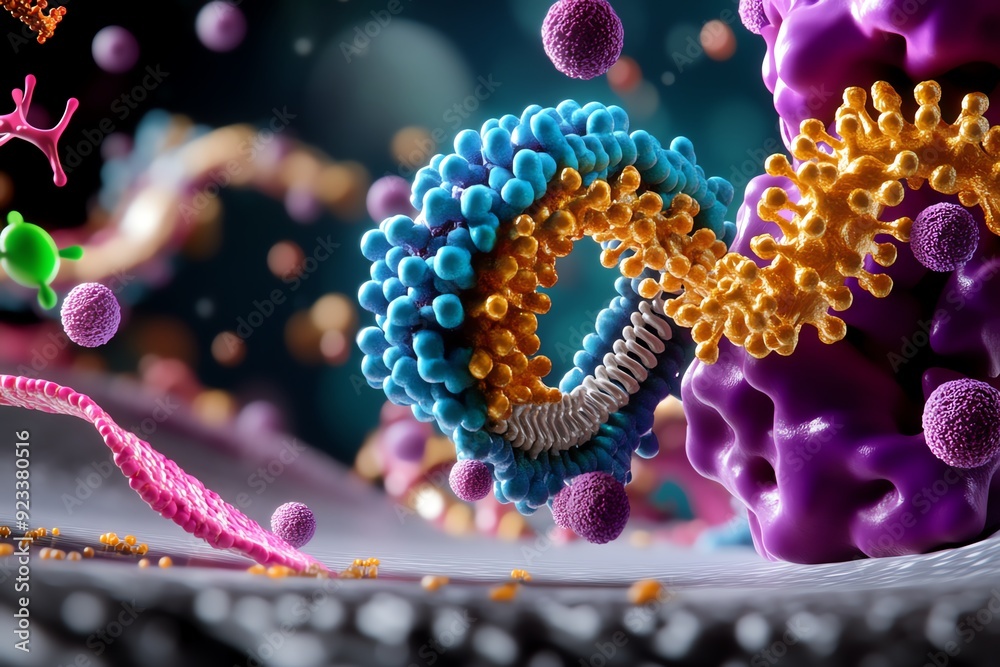 A colorful depiction of the process of protein synthesis, with mRNA ...