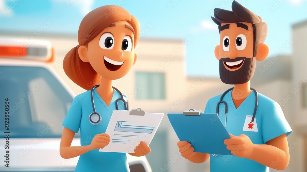 A cheerful illustration showing two nurses, a male and a female ...