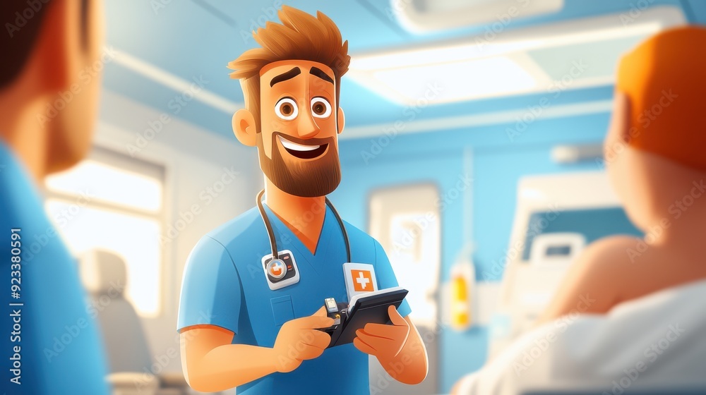 A paramedic equipped with a stethoscope and a notepad engages in ...