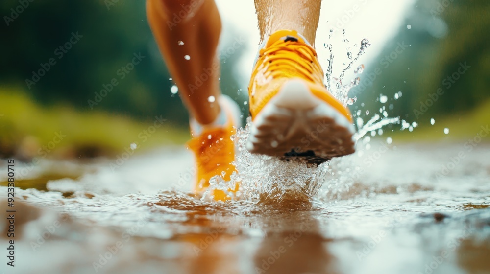 This dynamic image features a runner wearing orange running shoes ...