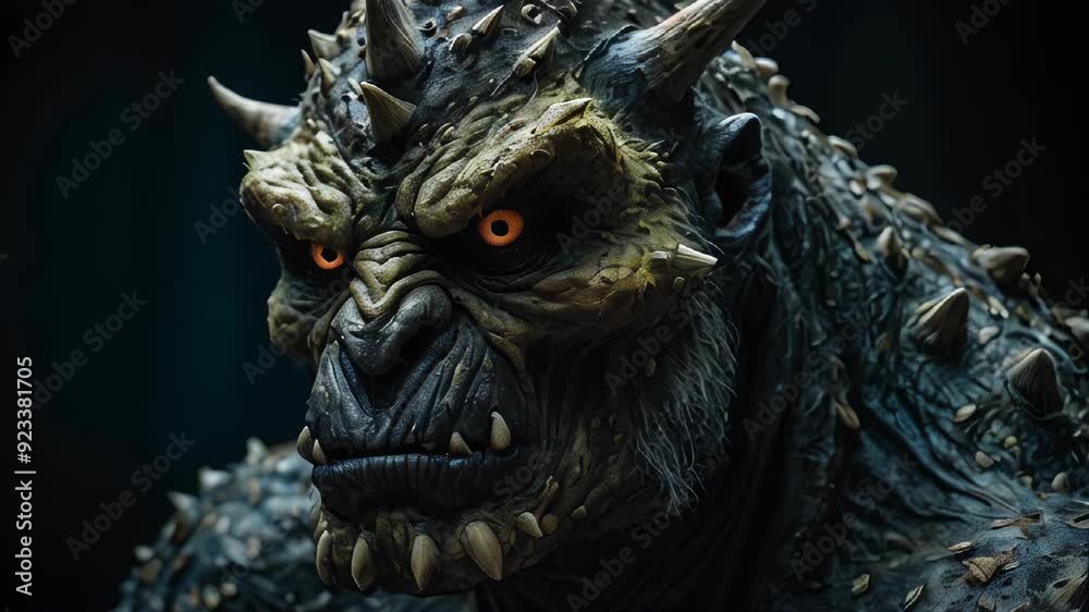 A powerful creature emerges with fierce eyes and spiked skin, towering ...