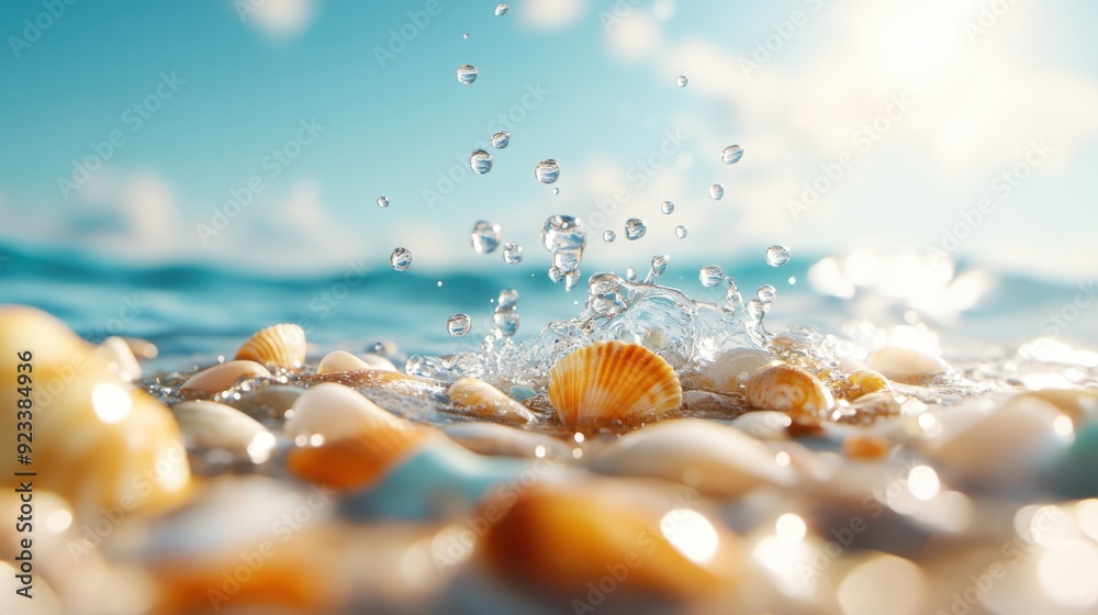 An artistic image showing a collection of seashells on the shore, with ...