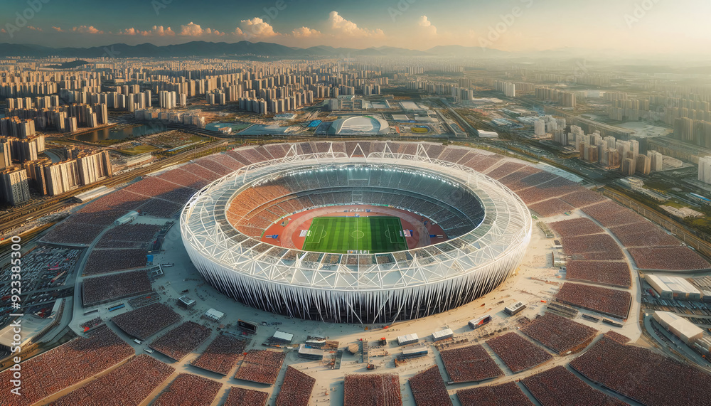 Aerial view of a large Olympic stadium during an event, filled with ...