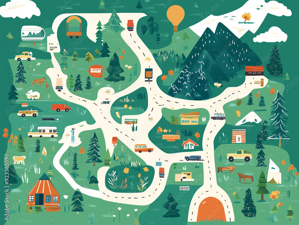 ภาพประกอบสต็อก Detailed map highlighting popular road trip routes ...