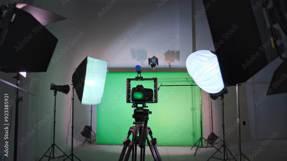 Recording studio setup, equipped with a vlogging camera, lighting and a ...