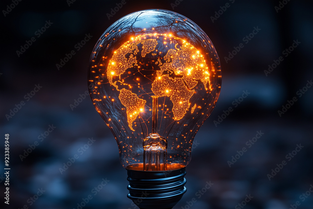 A light bulb with a map of the world inside, representing the global ...