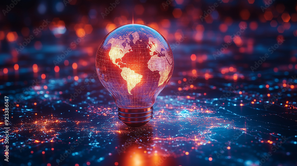 A light bulb with a map of the world inside, representing the global ...
