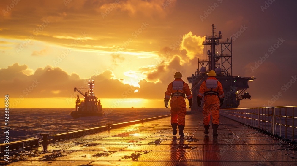 Two workers in safety gear walk towards an offshore oil rig under a ...