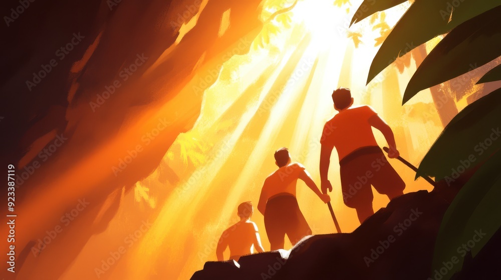 Adventurers ascend rocky paths within a cave bathed in vibrant sun rays ...