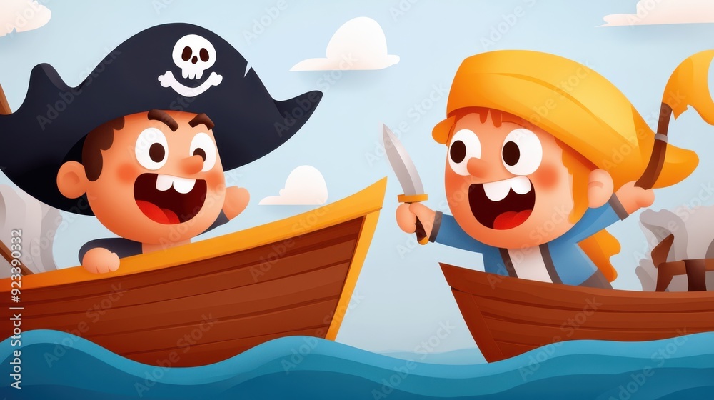 Two cartoon pirates in small boats face each other with wooden swords ...