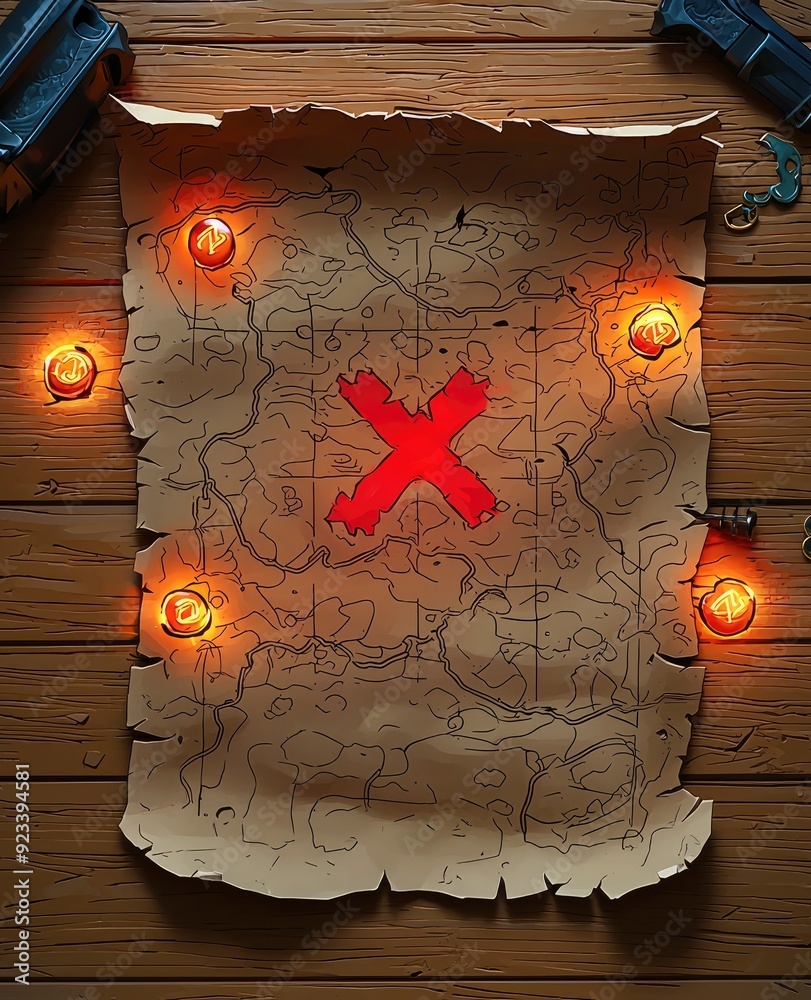 Treasure Map with Red X Mark and Glowing Lights Stock Illustration ...