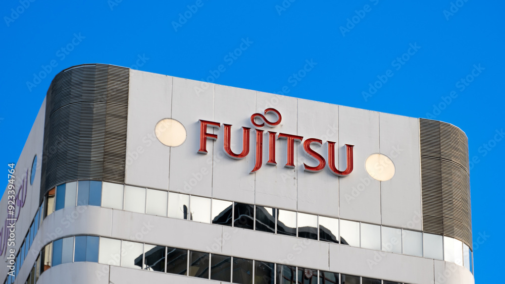 Fujitsu New Zealand logo and sign on office building in capital city of ...