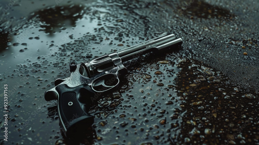 A polished revolver rests on rain-soaked asphalt, with water droplets ...