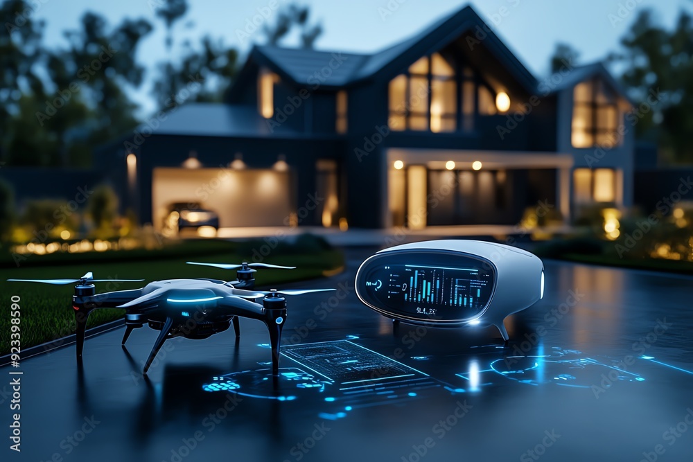 A futuristic home security system controlled by AI, with holographic ...