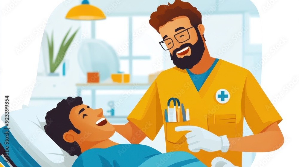 An affectionate scene featuring a cartoon nurse comforting a smiling ...