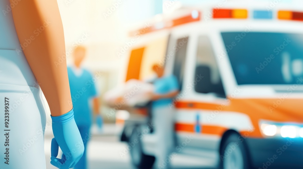 Various animated medical personnel are shown near an ambulance ...