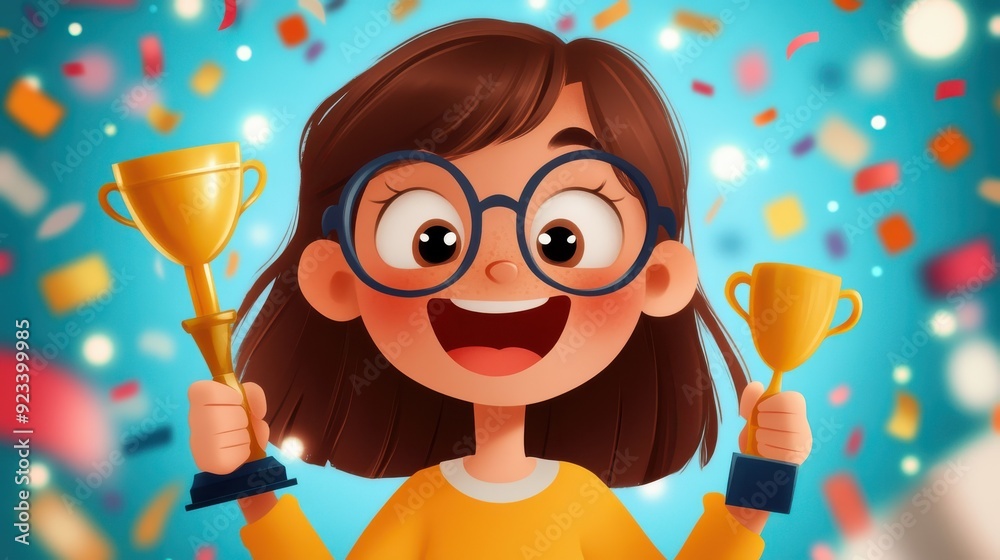 A cartoon girl celebrates holding two golden trophies amid a shower of ...