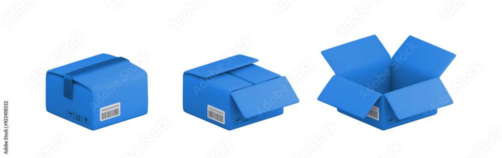 Vector cartoon 3d closed and opened blue carton box set. Cute realistic ...