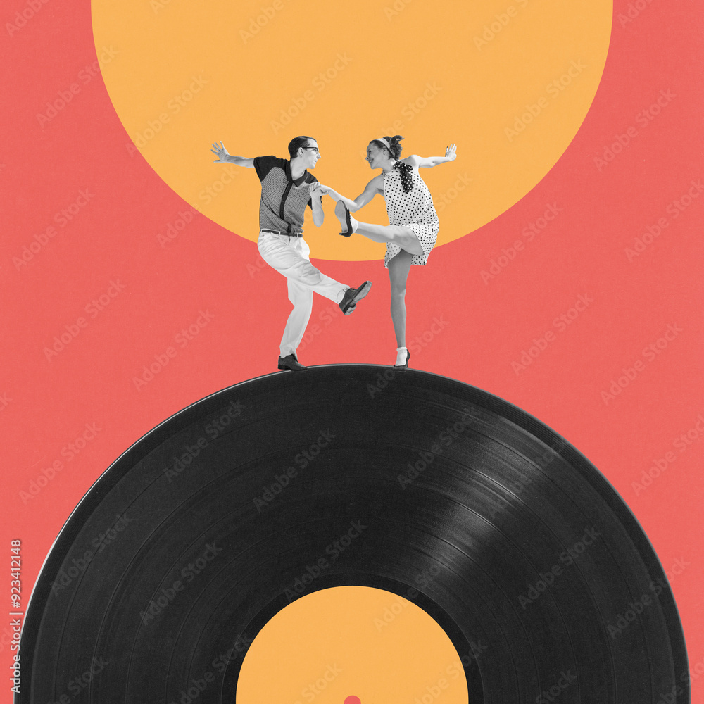 Retro vibes in full swing. Lively couple dancing on giant vinyl record ...