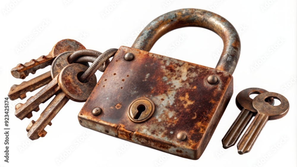 Rusty old padlock with worn keys and corroded metal, isolated on ...