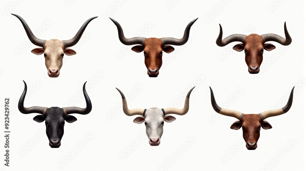 Six Longhorn Steer Heads Illustration - Varied Colors and Horn Shapes ...