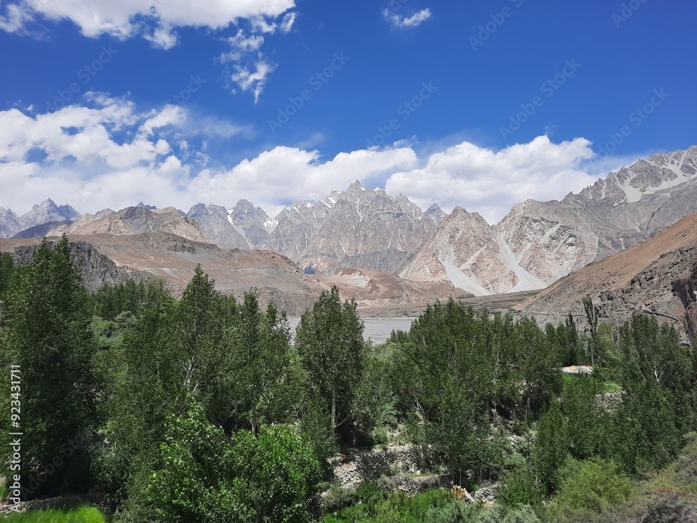 Beautiful view of the Passu Cones. The Passu Cones are a mountain range ...