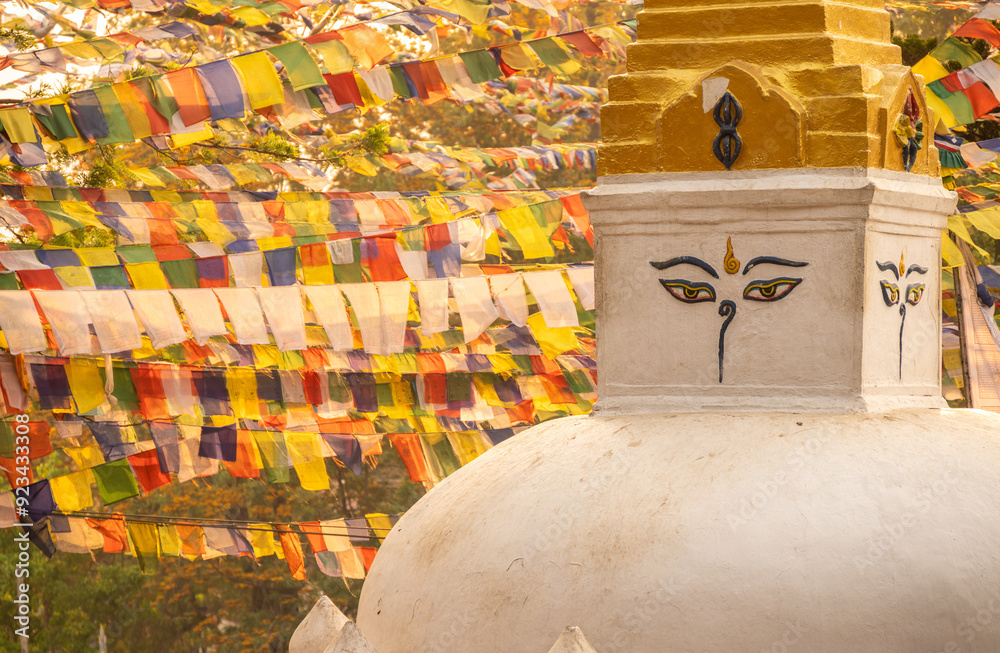The Tibetan stupa and prayer flag in the area of Swayambhunath an ...