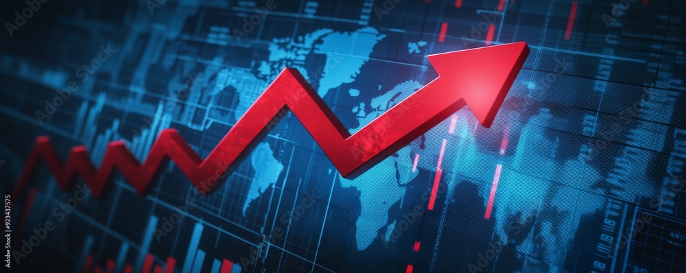 Red arrow pointing upwards on a digital financial chart with global ...