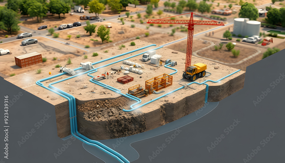 Construction site with new hydraulic system of drinking water to be ...
