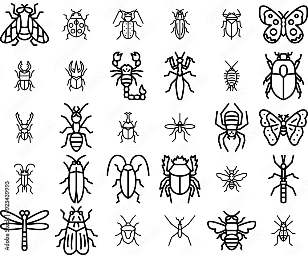 Set Of Linear Insect Outline Icons Isolated Silhouette Solid Icons With ...