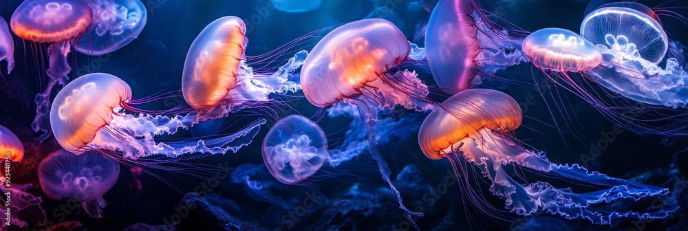 A group of bioluminescent jellyfish swim gracefully through the deep ...