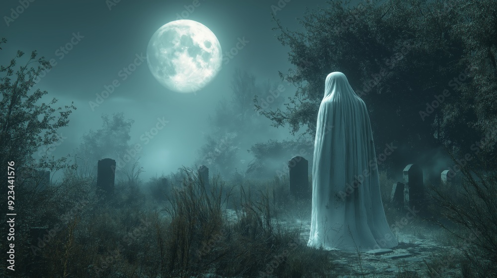 Ghost Appearing in Misty Graveyard Under Full Moon. Nighttime Outdoor ...