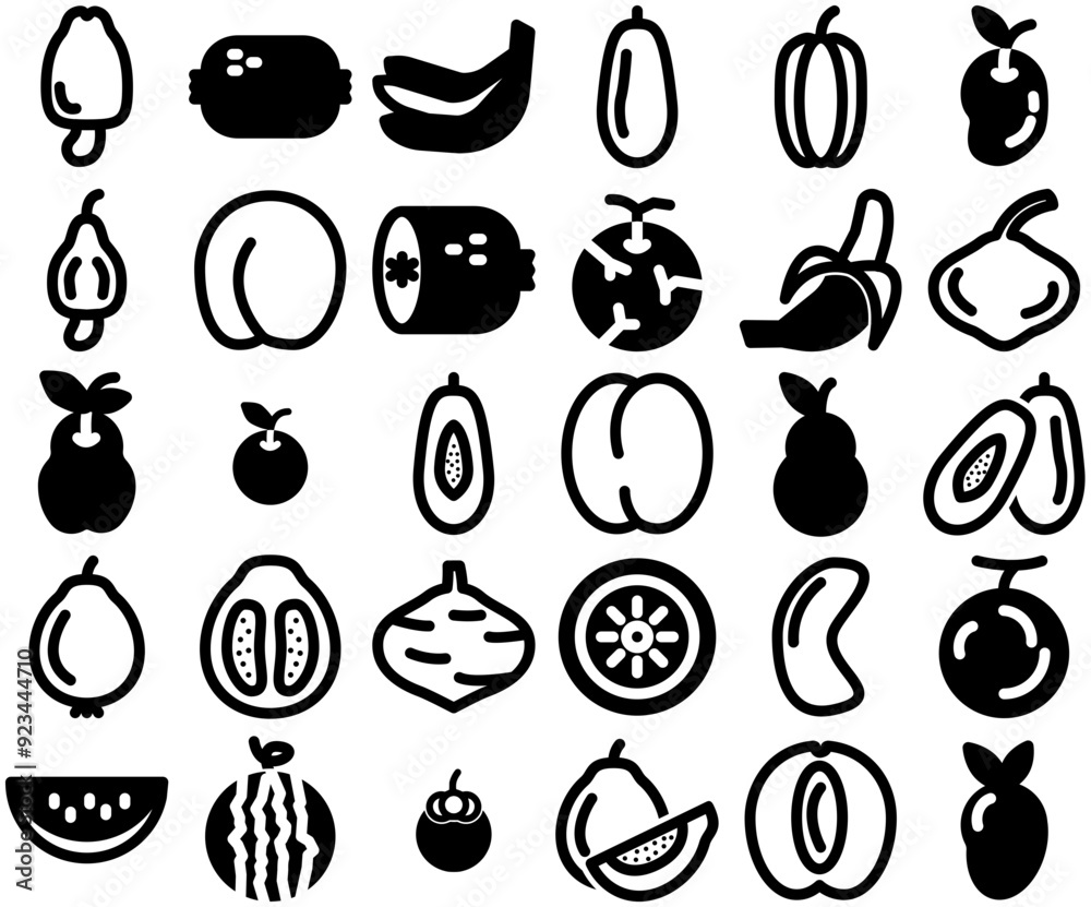 Set Of Linear Fruit Icons Collection Isolated Silhouette Solid Icons ...