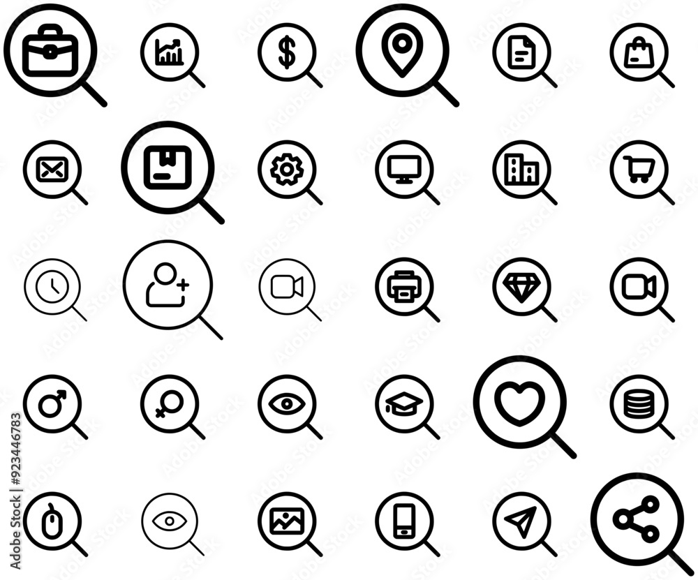 Set Of Find Line Isolated Silhouette Solid Icons With Glass,Magnifier ...